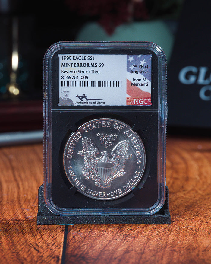 1990 $1 Silver Eagle MS69 Error, Mercanti Signed