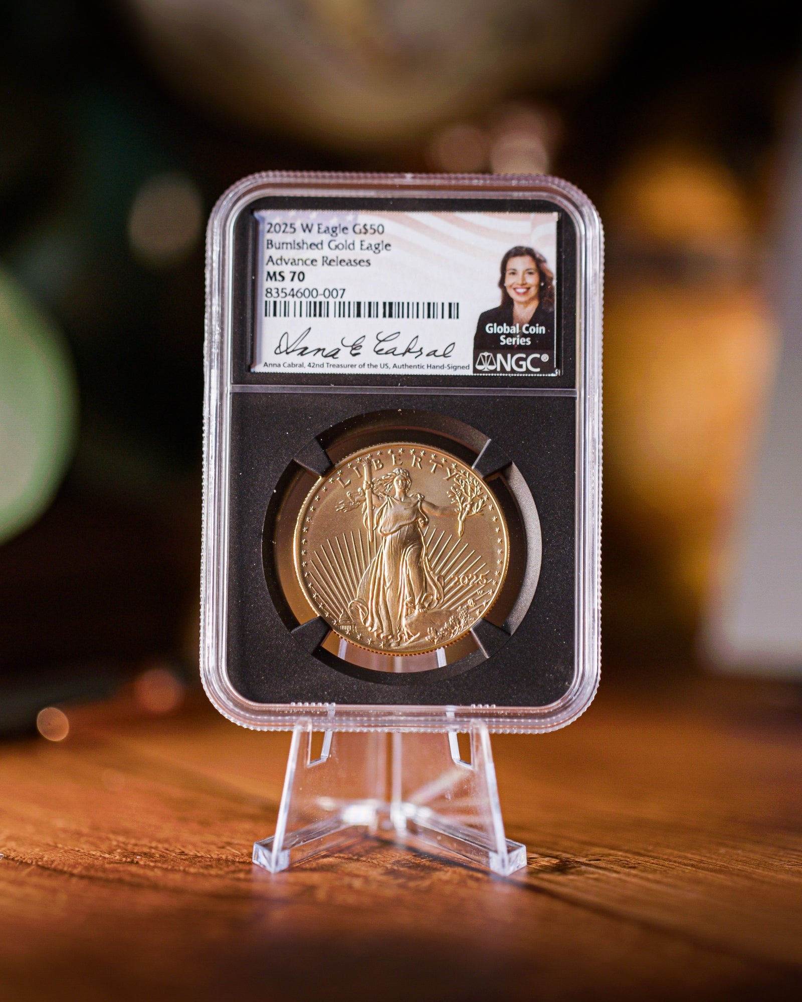 2025-W $50 Burnished Gold Eagle MS70 Cabral Signed